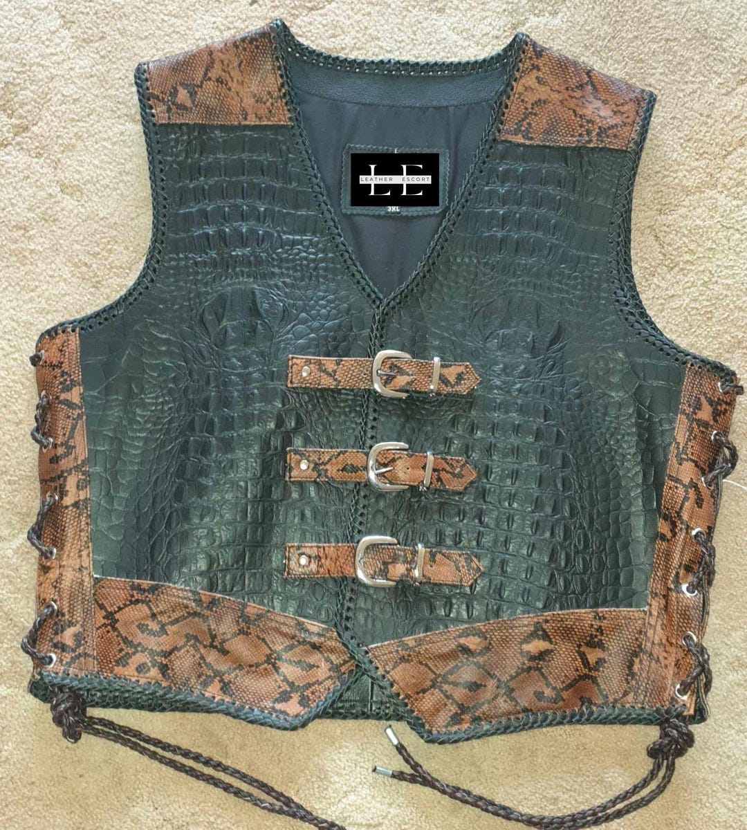 Men’s Alligator Embossed Cowhide Leather Vest | Snake Trim Western ...