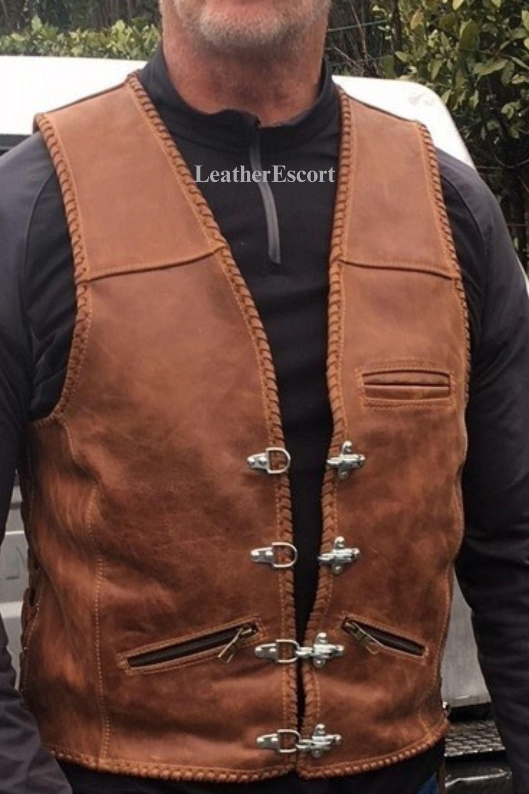 Men's Motorbike Vest, Distressed Brown Real Leather Vest, Biker Vest ...
