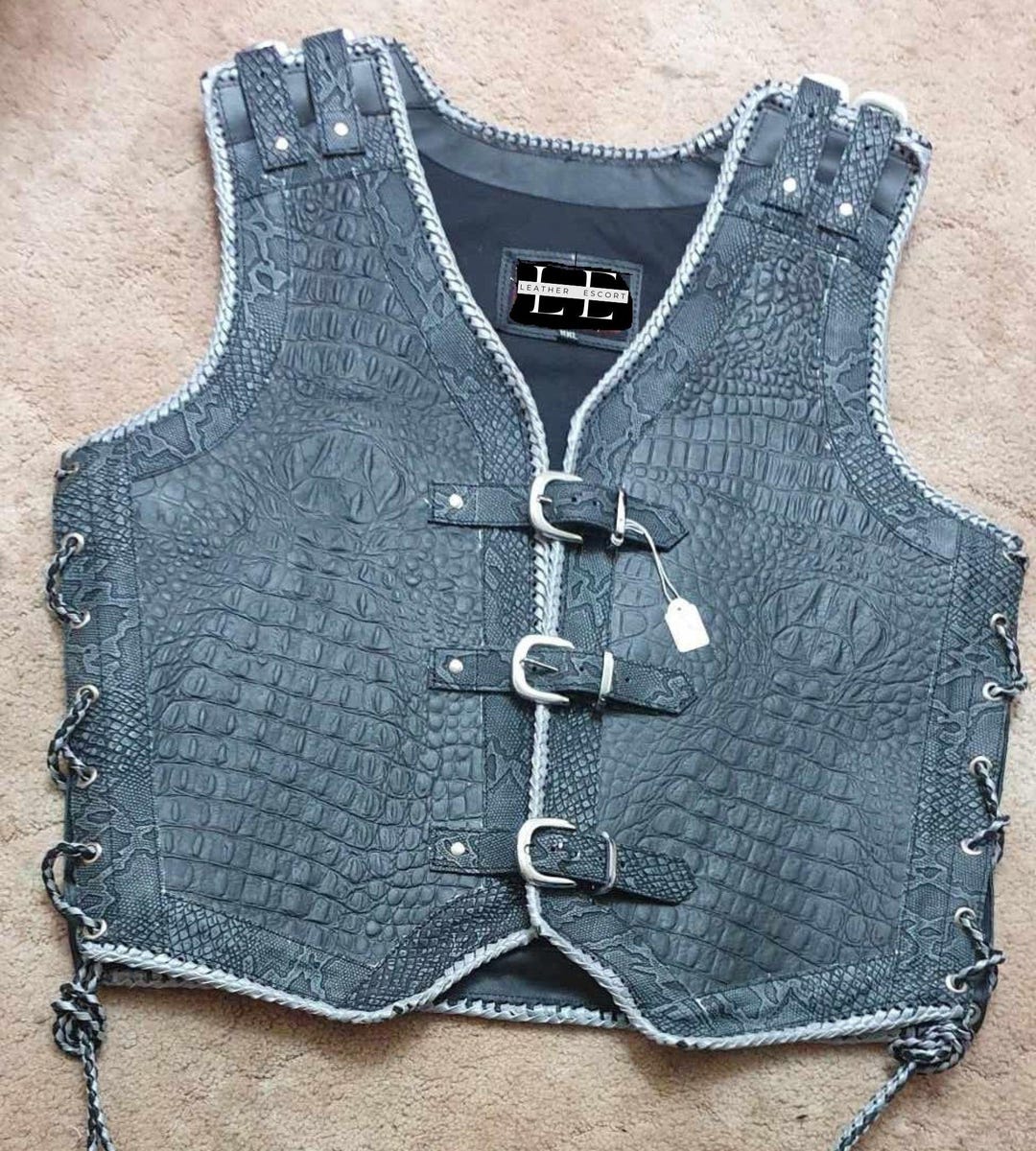 Embossed Alligator Leather Biker Vest: Handmade Braided Cowhide - Etsy
