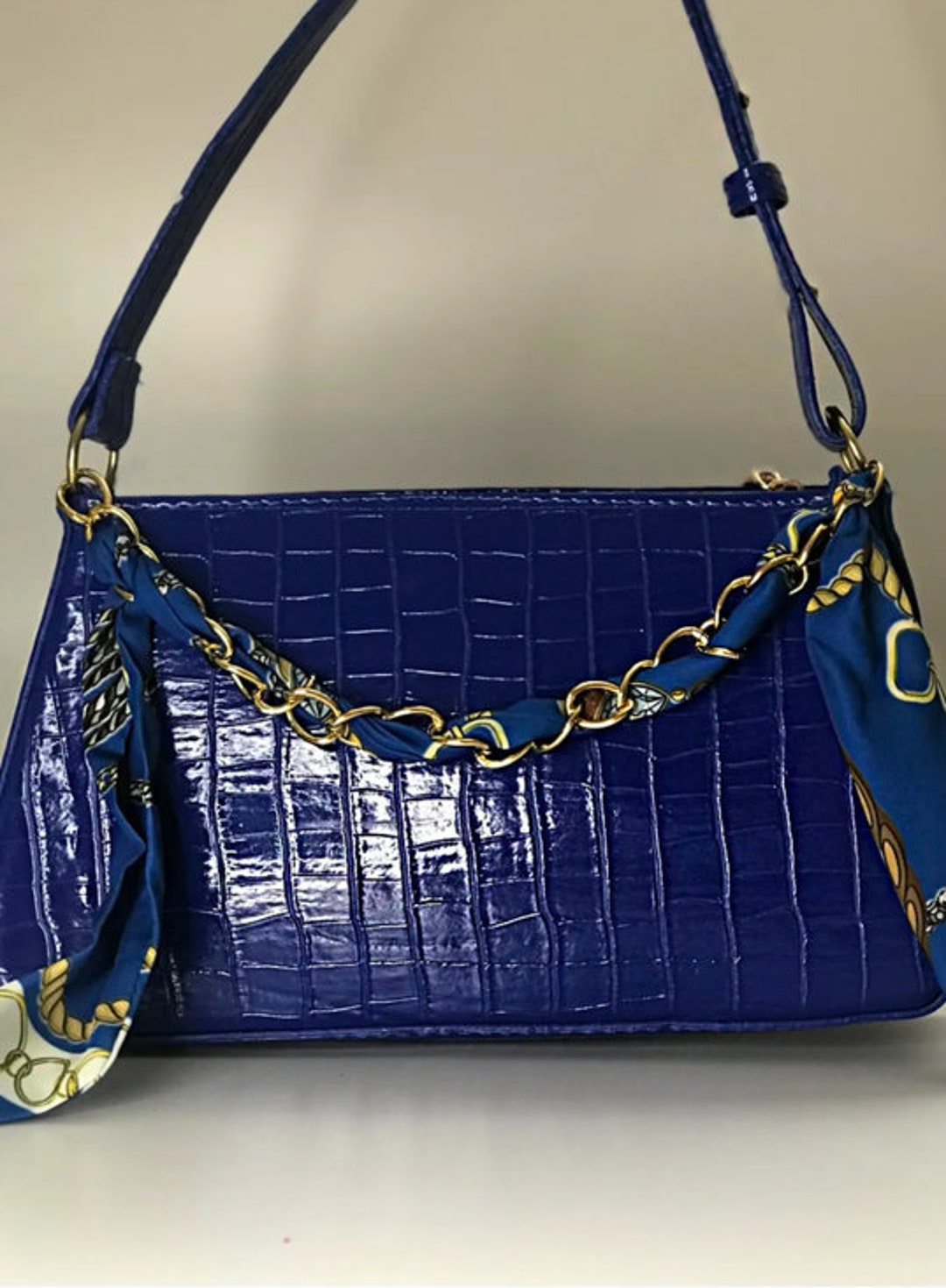 Navy Blue Croc Bag With Chain Detail and Detachable Scarf Stylish ...