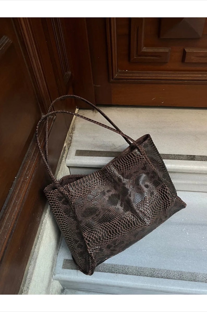 Crocodile Patterned Brown Leather Bag, Office and School Bag, Snake ...