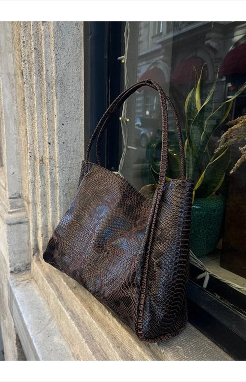 Crocodile Patterned Brown Leather Bag, Office and School Bag, Snake ...