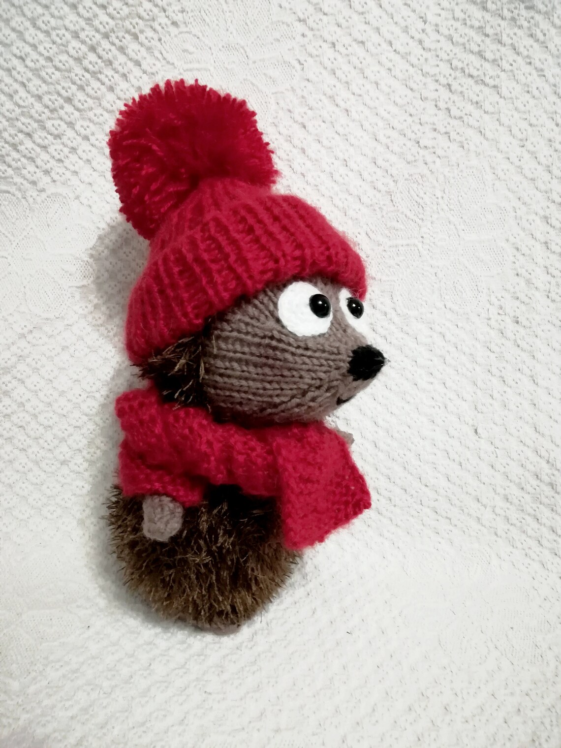 Knitting Pattern for a Brown Hedgehog in a Red Hat Toy 8 Inches Tall ...