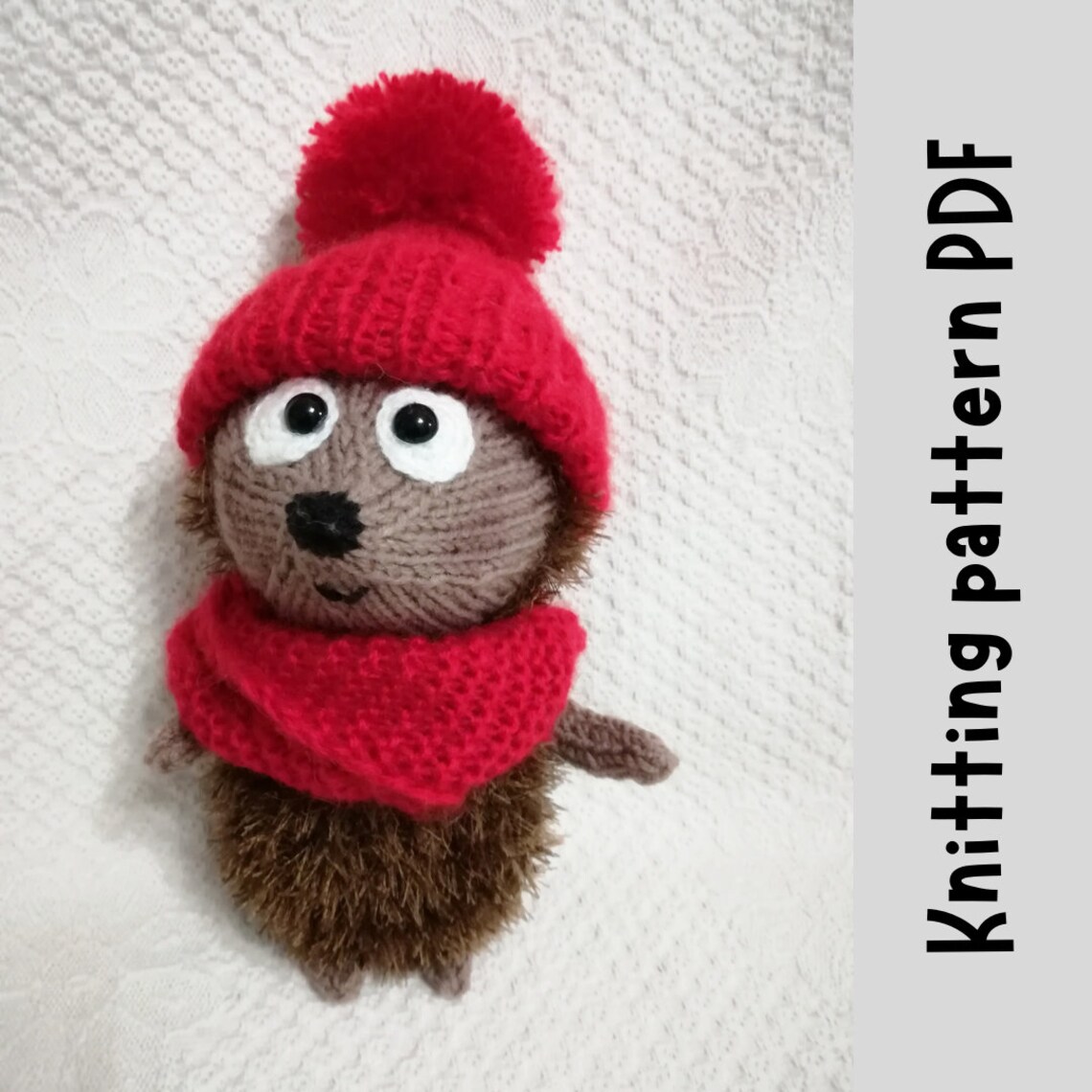Knitting Pattern for a Brown Hedgehog in a Red Hat Toy 8 Inches Tall ...