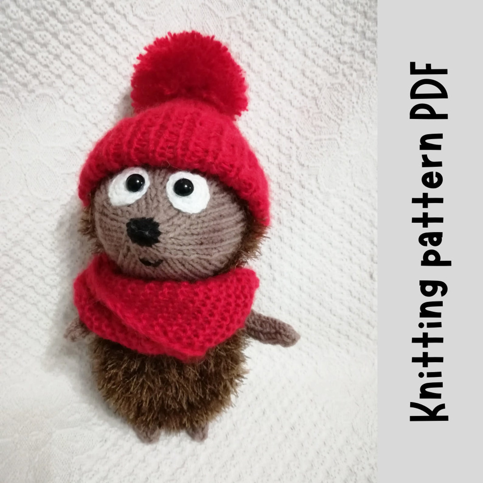 Knitting Pattern for a Brown Hedgehog in a Red Hat Toy 8 Inches Tall ...