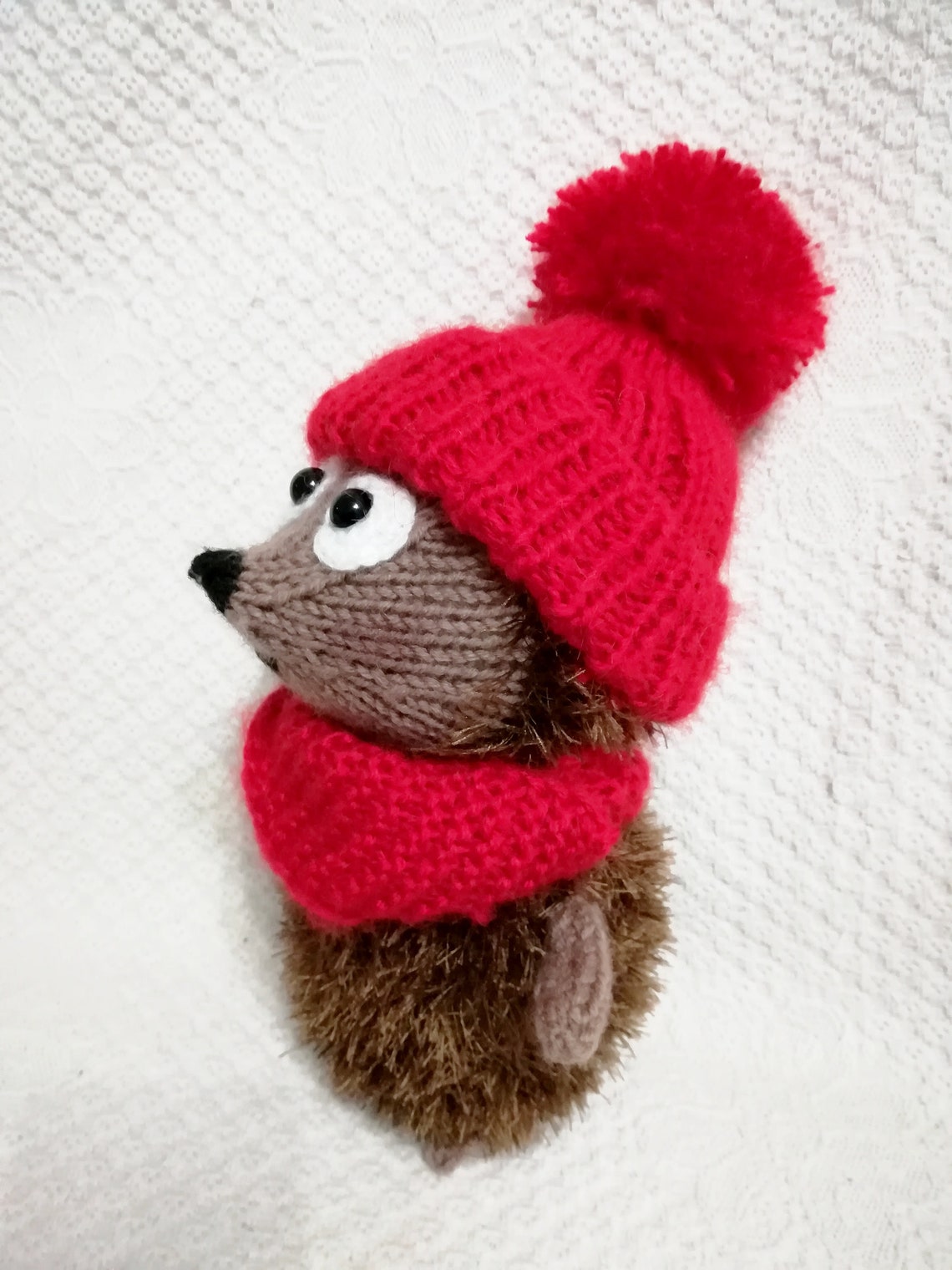Knitting Pattern for a Brown Hedgehog in a Red Hat Toy 8 Inches Tall ...