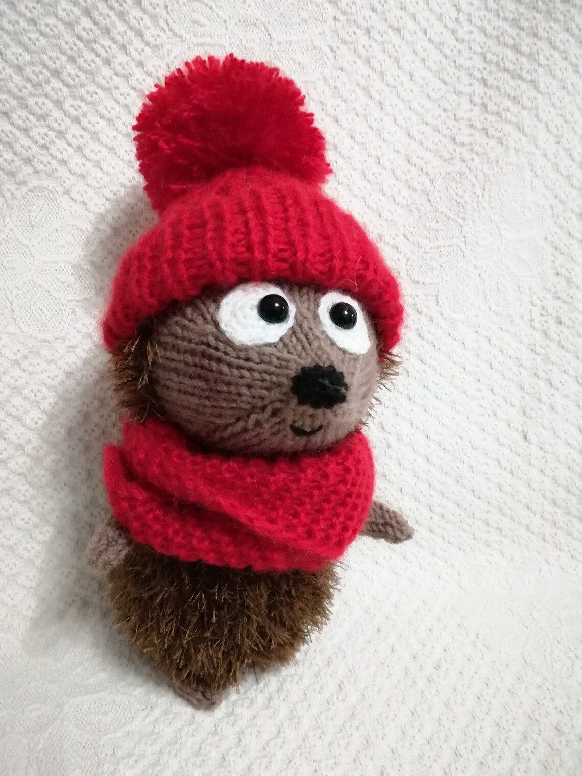 Knitting Pattern for a Brown Hedgehog in a Red Hat Toy 8 Inches Tall ...