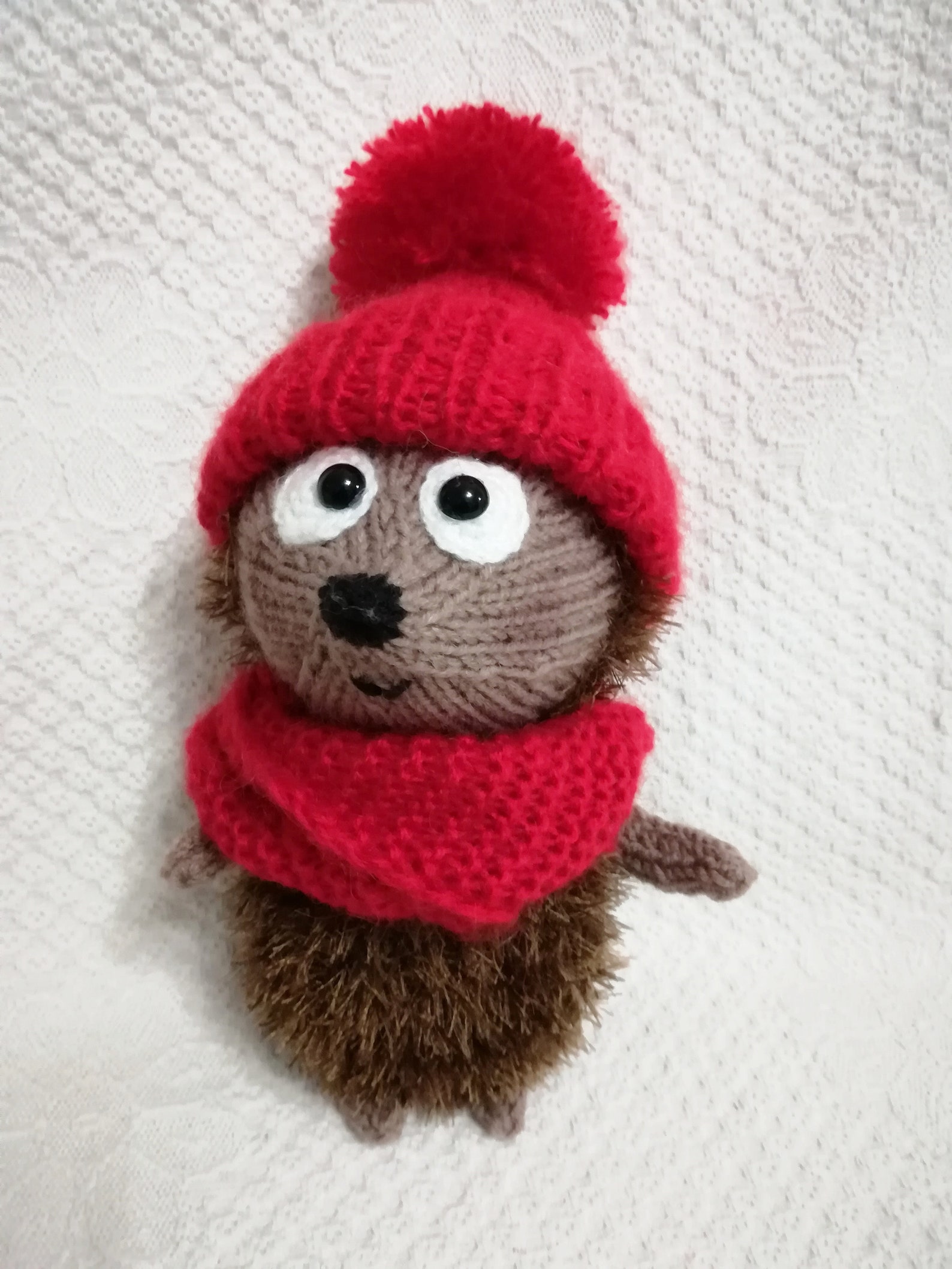 Knitting Pattern for a Brown Hedgehog in a Red Hat Toy 8 Inches Tall ...