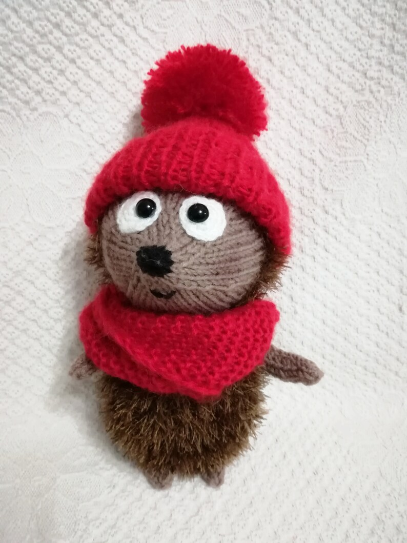Knitting Pattern for a Brown Hedgehog in a Red Hat Toy 8 Inches Tall ...