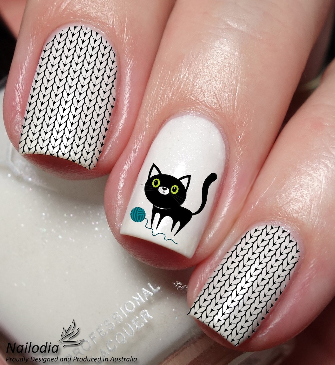 Knitting Cat & Wool Ball Nail Art Decal Sticker - Etsy