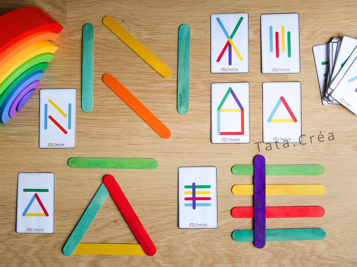 Montessori Game, Colored Sticks: Wooden Sticks and Patterned Cards ...