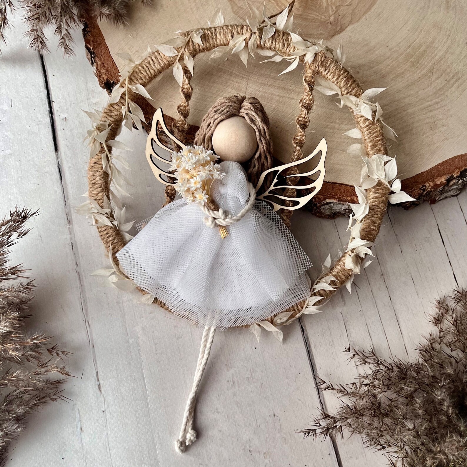 Guardian Angel in Hoop, Personalized Gift for Baptism, Boho Decoration ...