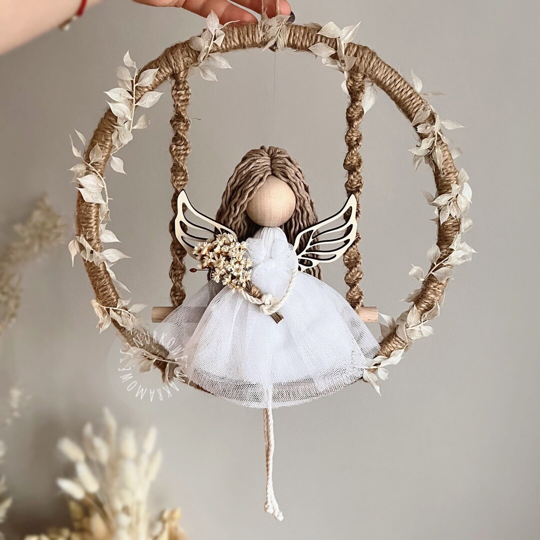 Guardian Angel in Hoop, Personalized Gift for Baptism, Boho Decoration ...