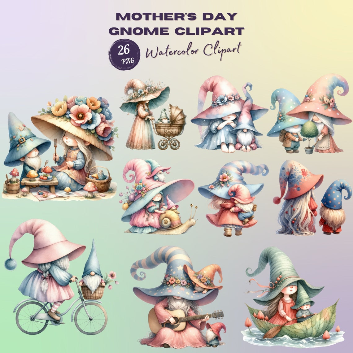 Watercolor Mother's Day Gnome Clipart. Mother Gnome and Baby Gnome ...