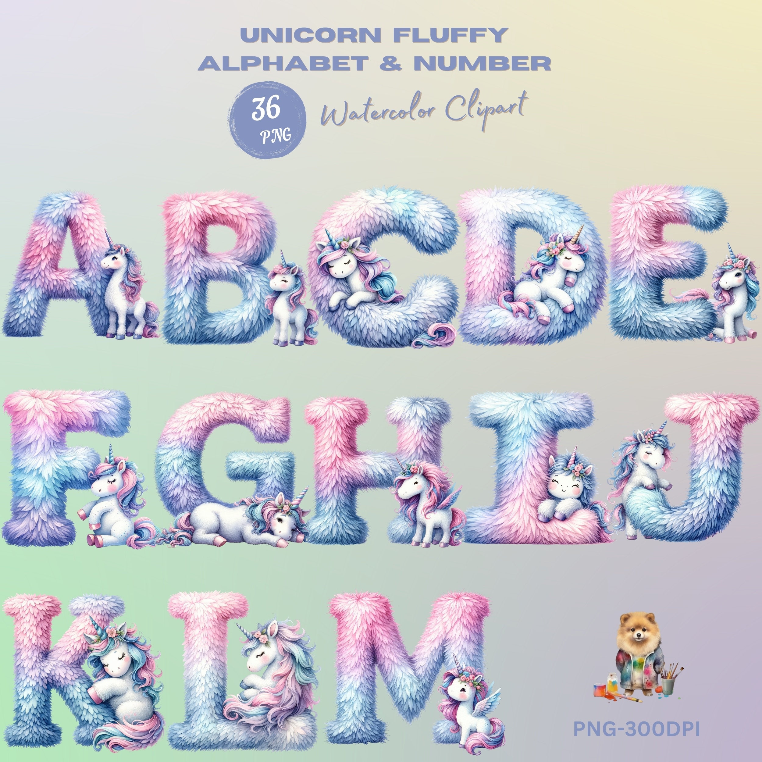 Watercolor Unicorn Alphabet Letters and Numbers With Fluffy Texture ...