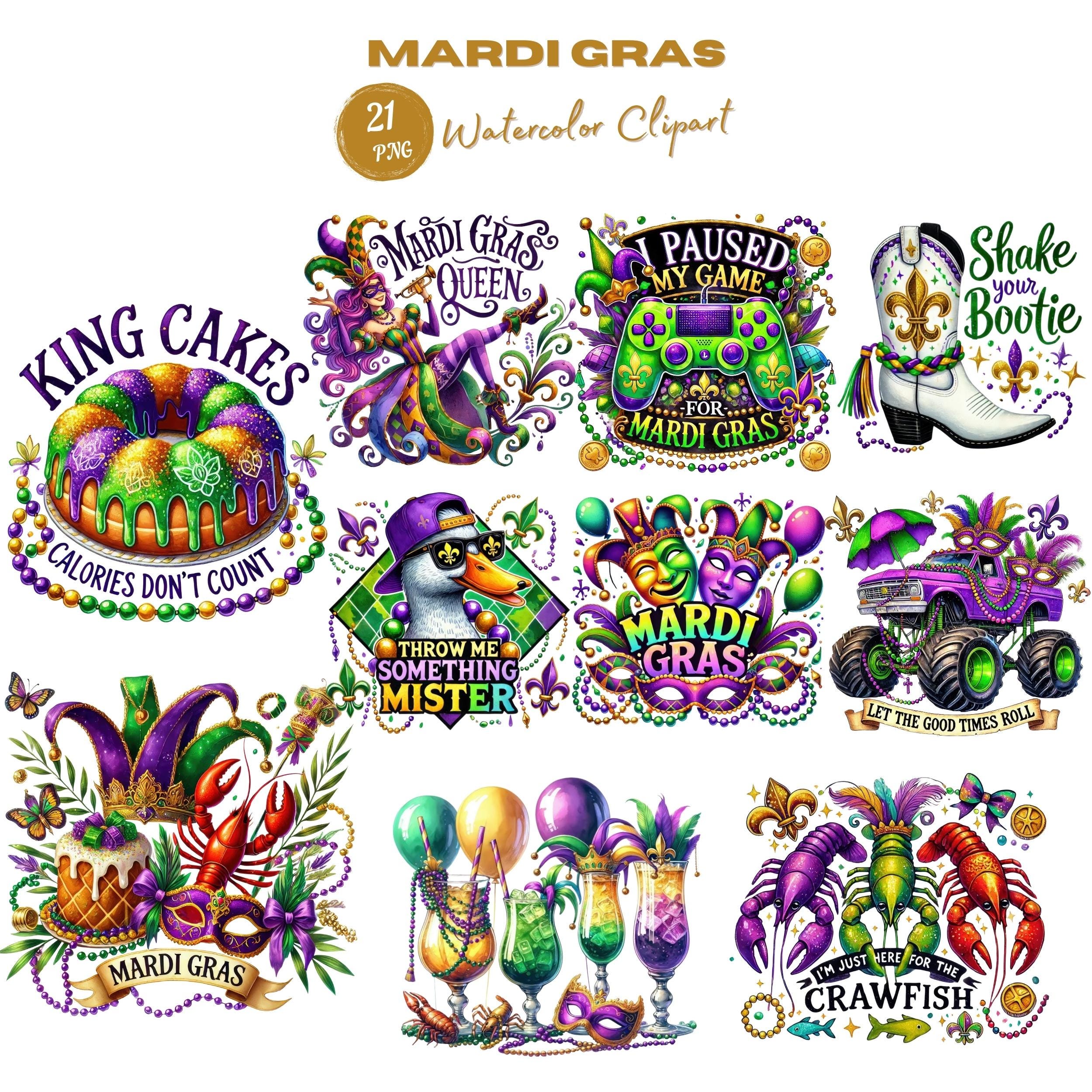 Mardi Gras Watercolor Clipart for Carnival Party Decor and Crafts ...