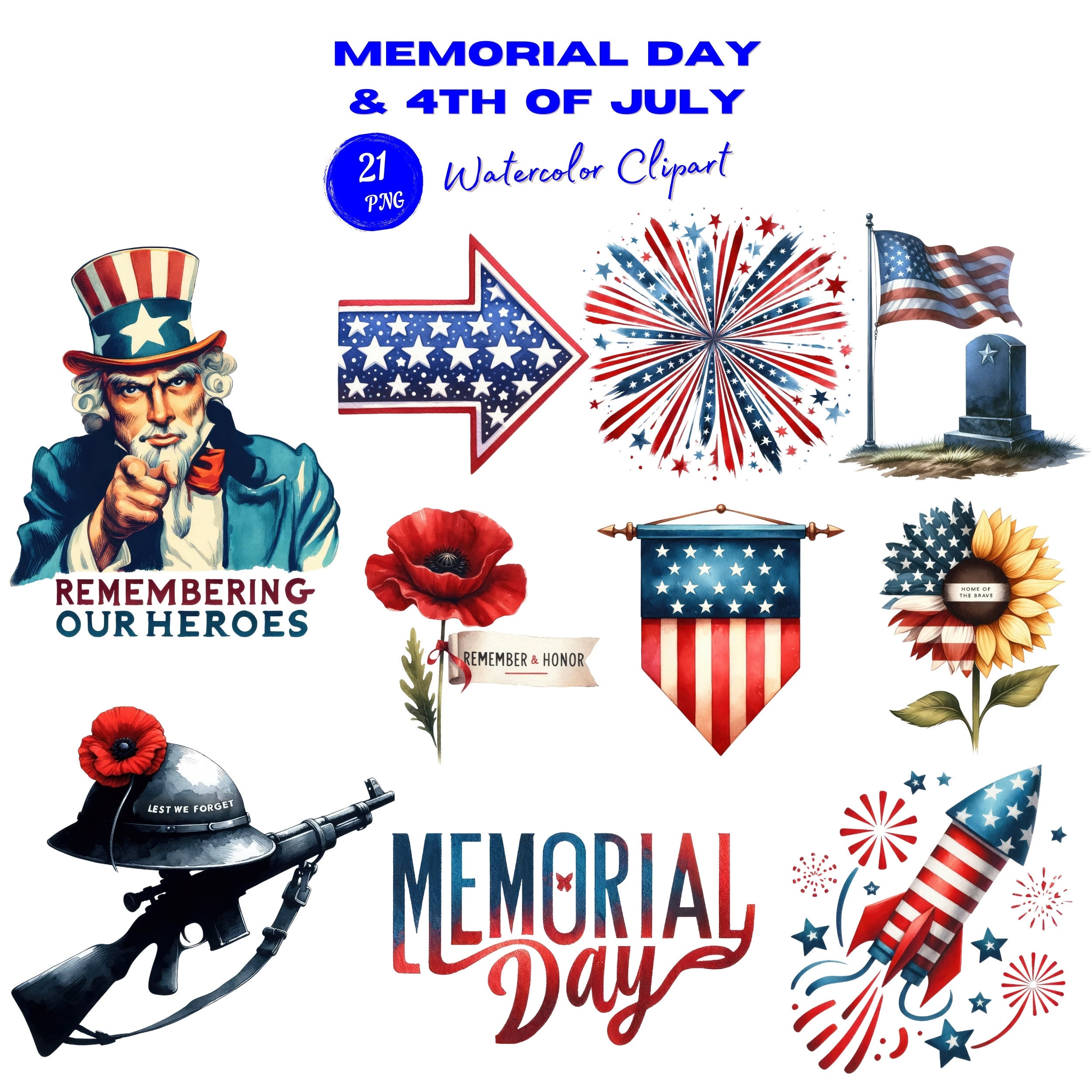Watercolor Memorial Day. Watercolor 4th of July Clipart. USA ...