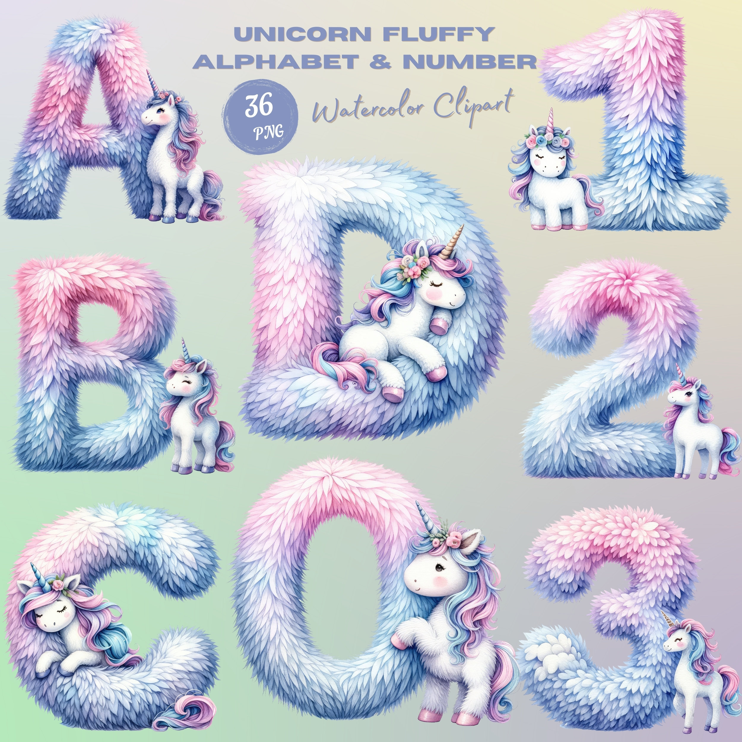 Watercolor Unicorn Alphabet Letters and Numbers With Fluffy Texture ...