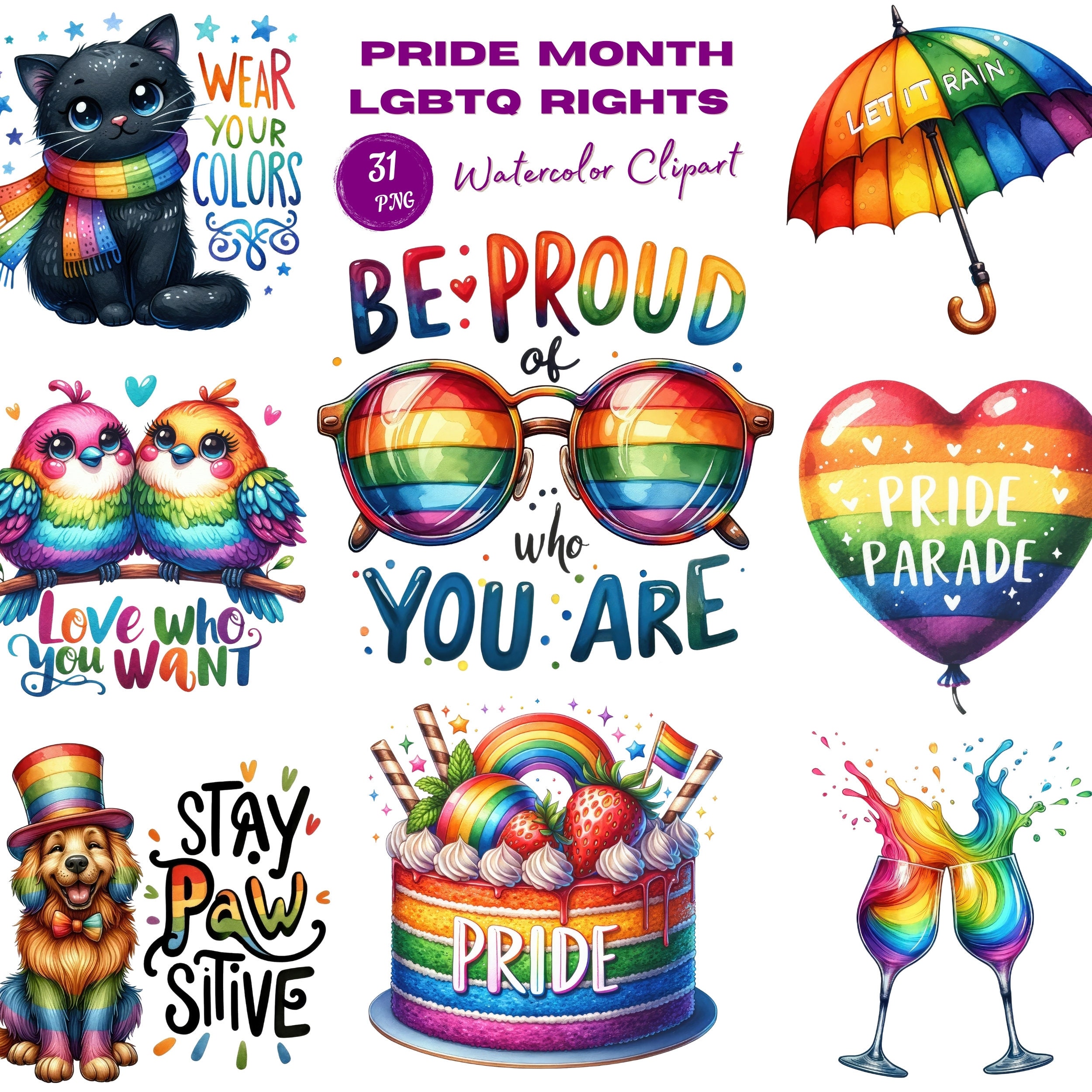 Watercolor Pride Month Clipart LGBTQ Art for Pride Month. Rainbow Flag ...