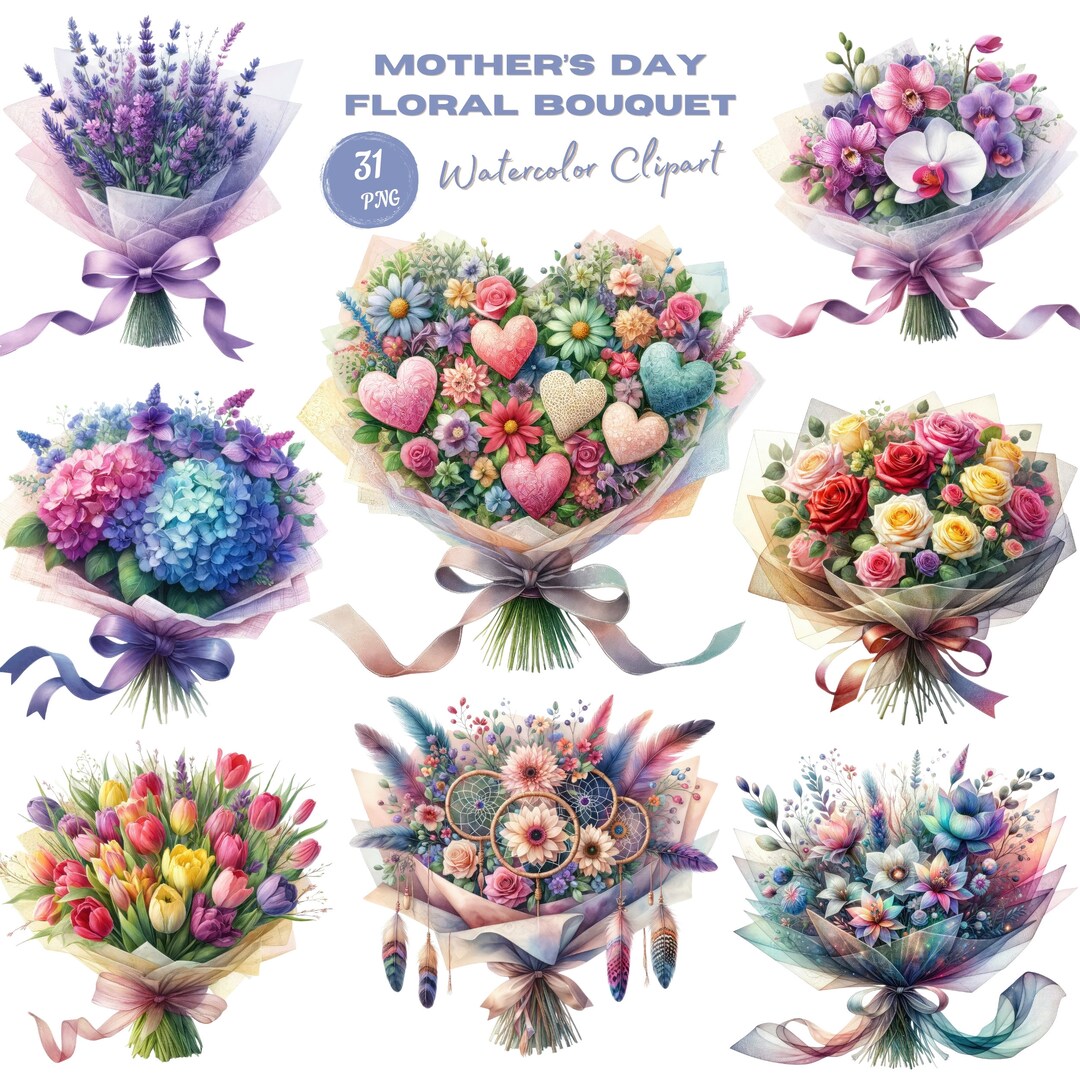 Watercolor Mothers Day Floral Clipart PNG. Watercolor Flowers Bouquet ...