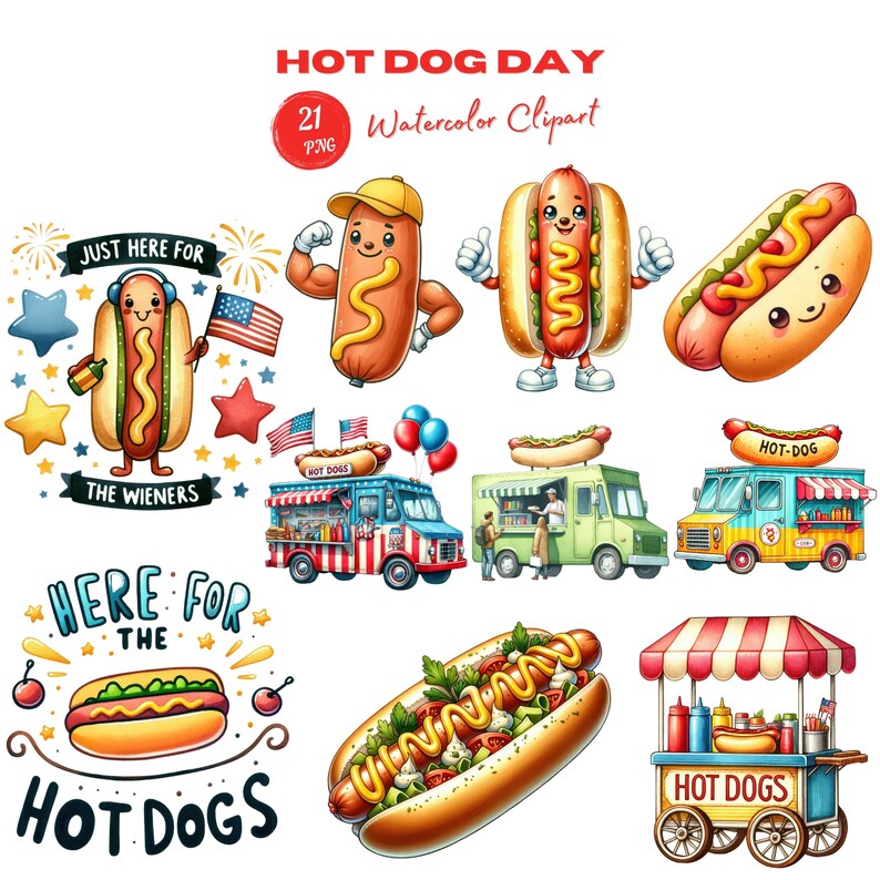 Watercolor Hot Dog Clipart for National Hot Dog Day. Fun Summer Food ...