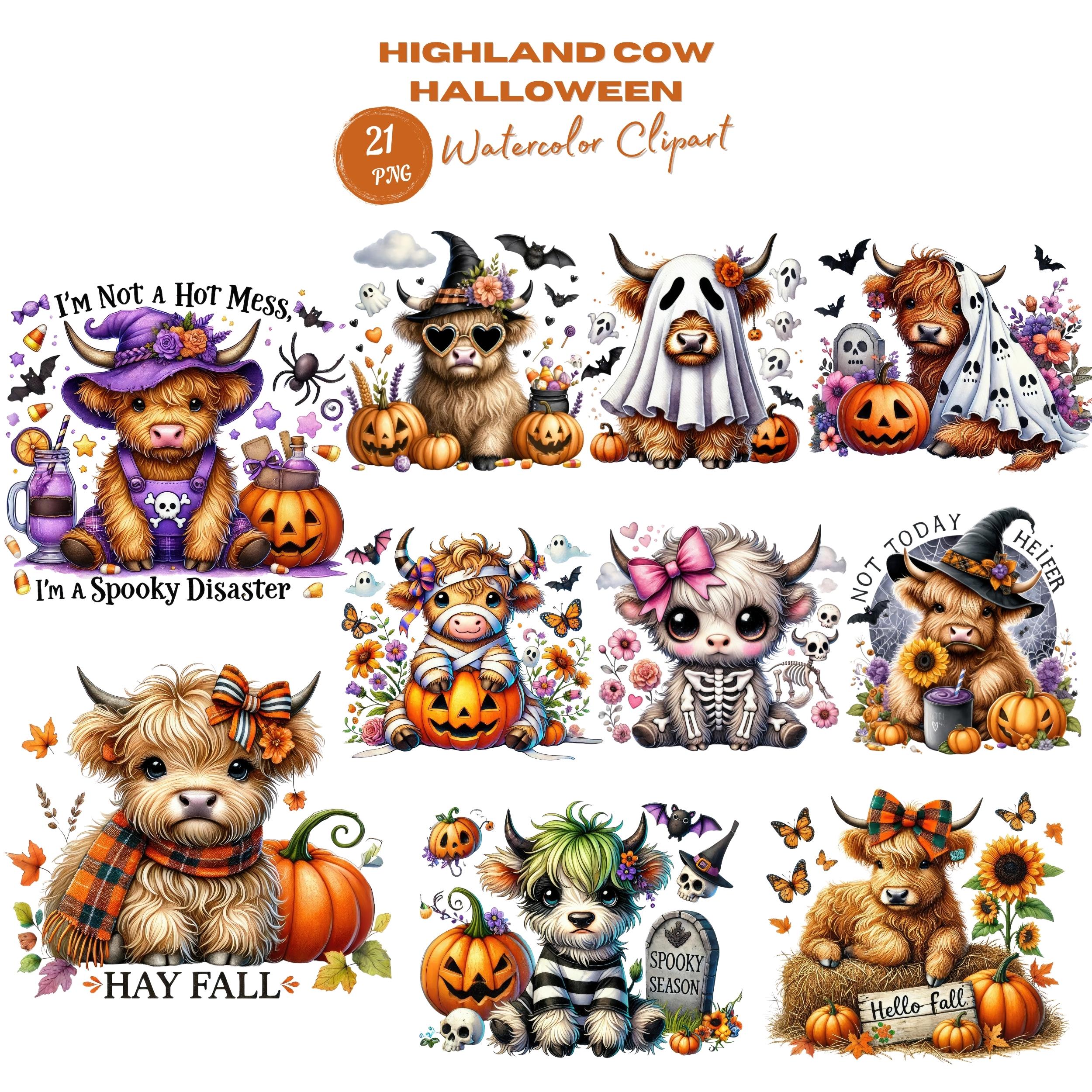 Watercolor Highland Cow Halloween PNG Clipart for Fall Art and Autumn ...