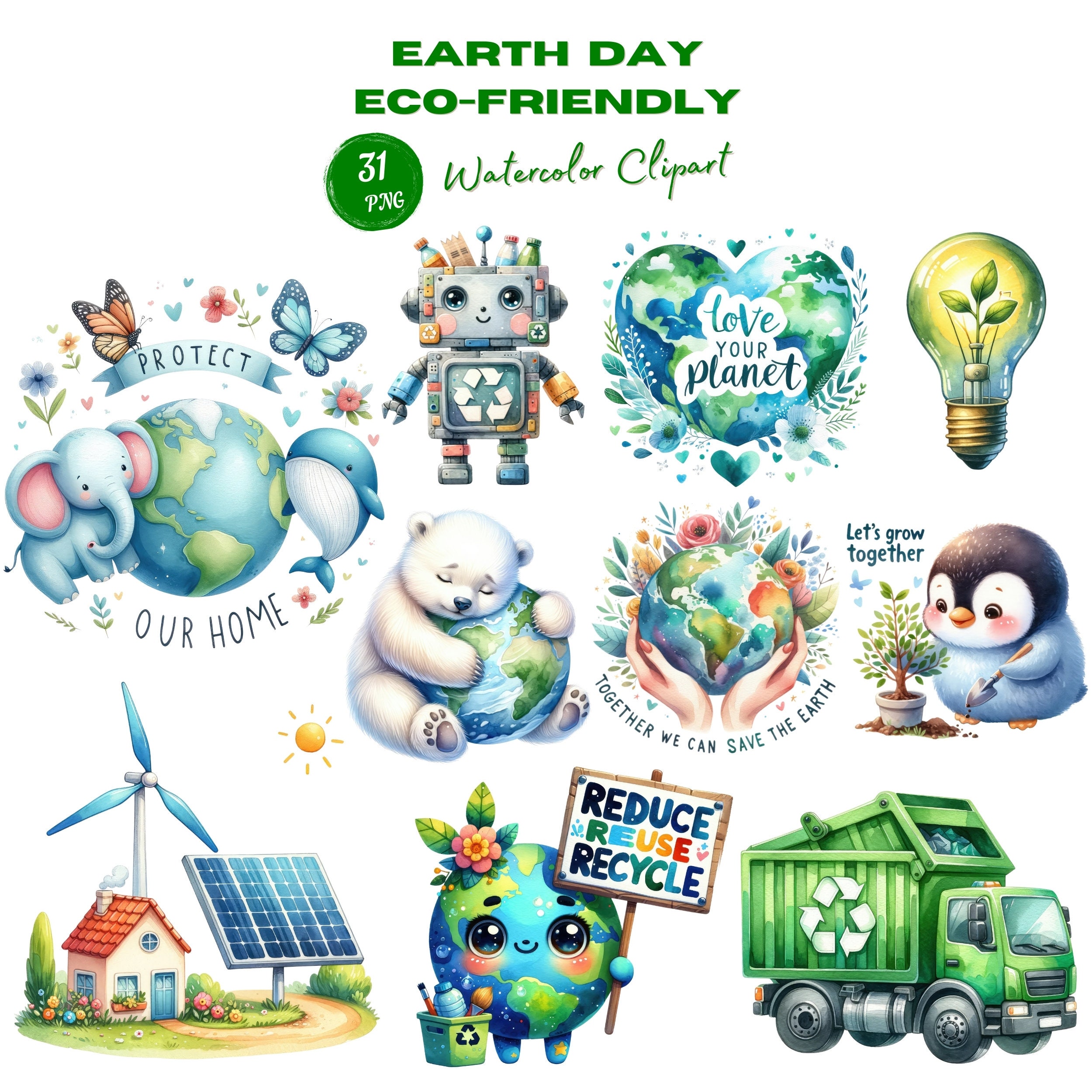 Watercolor Earth Day Clipart for Eco-friendly Digital Download ...