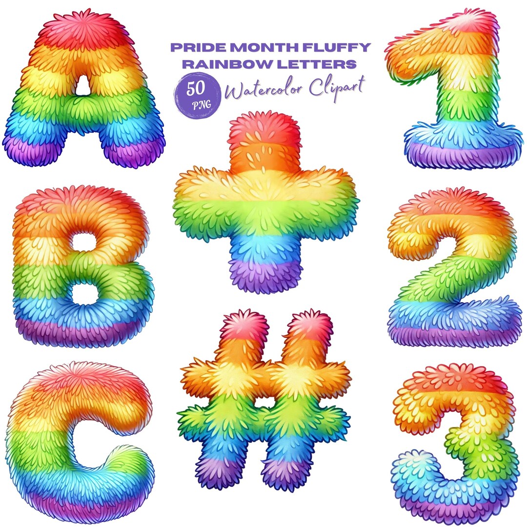 Watercolor Pride Month Fluffy Rainbow Alphabet Letters, Numbers and ...
