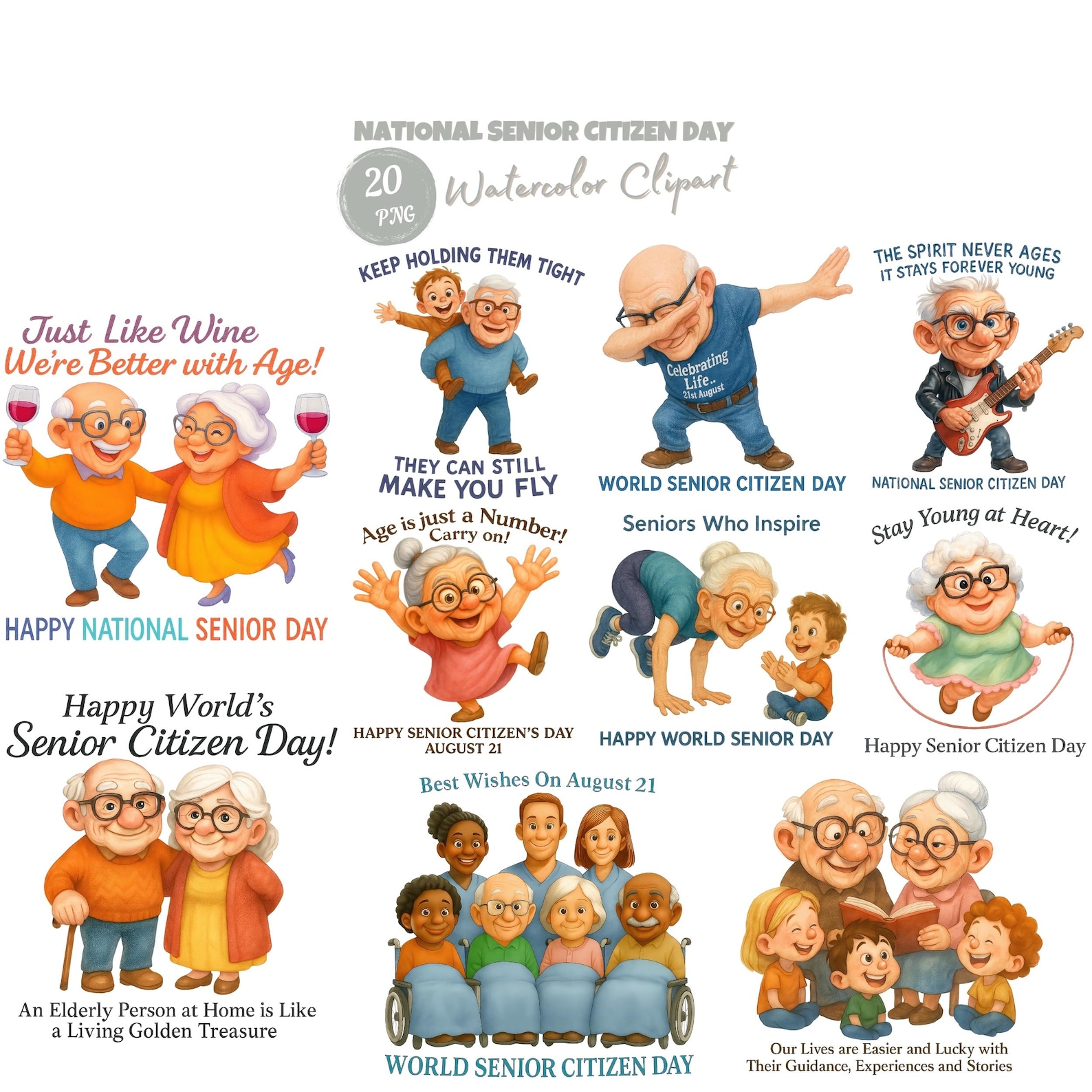 Watercolor Senior Citizen Day Clipart Sublimation Fun And Whimsical
