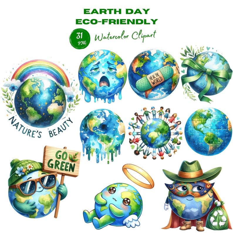 Watercolor Earth Day Clipart for Eco-friendly Digital Download ...