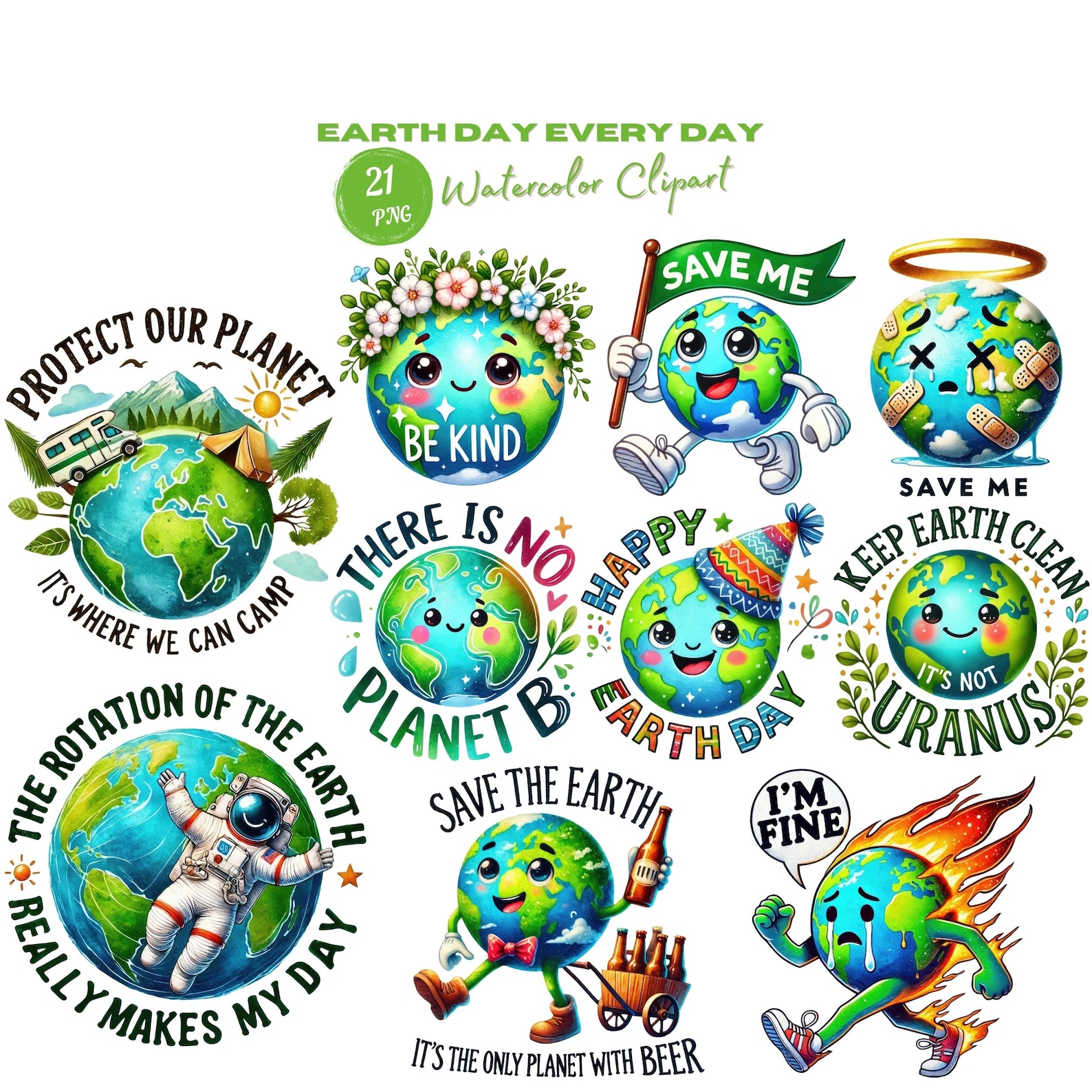 Watercolor Earth Day Clipart. Environmental Awareness Images. Planet ...