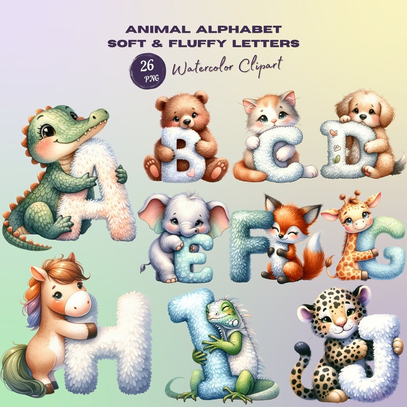 Watercolor Animal Alphabet Clipart Soft and Fluffy Texture for Nursery ...