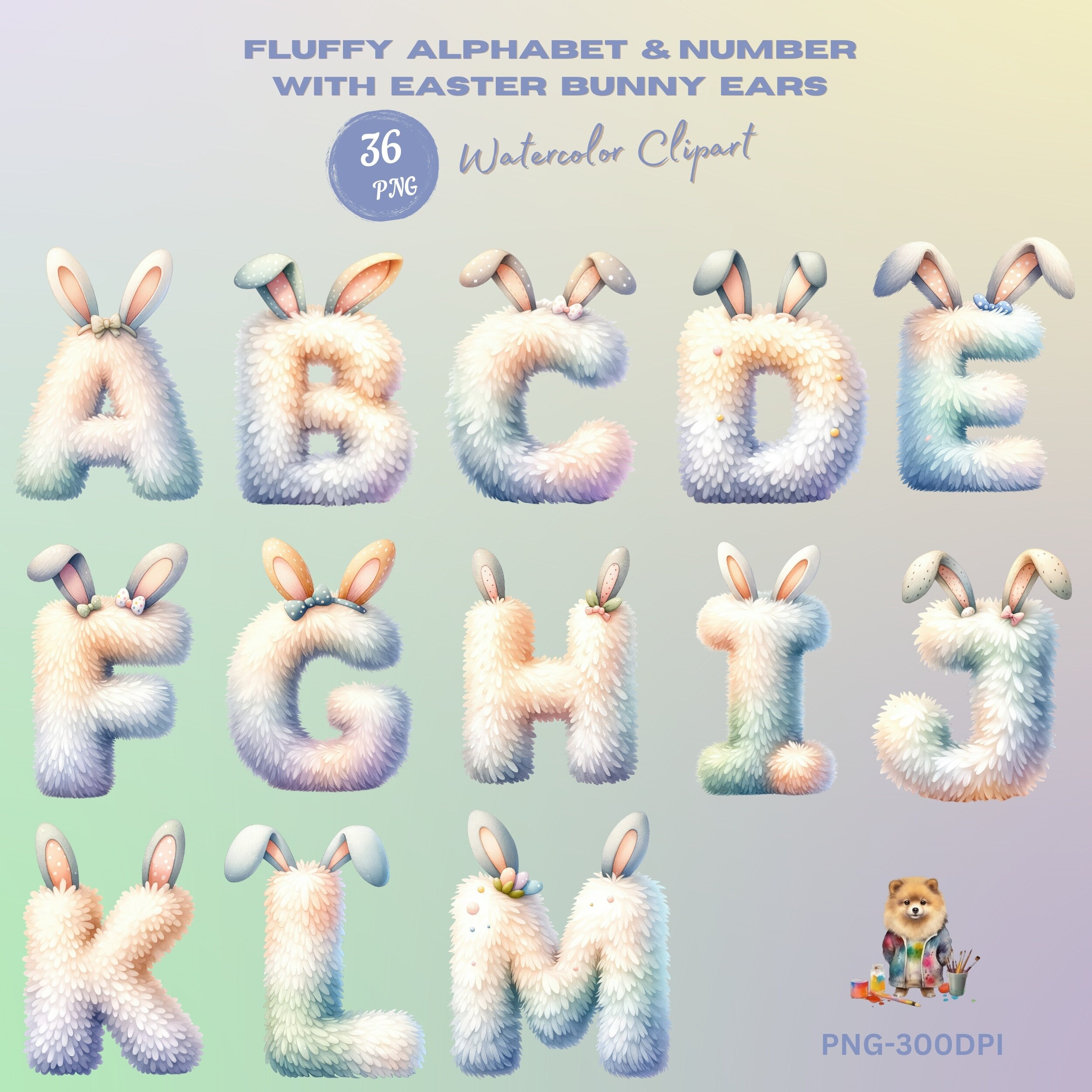 Watercolor Alphabet Easter Bunny Ears With Soft and Fluffy Texture ...