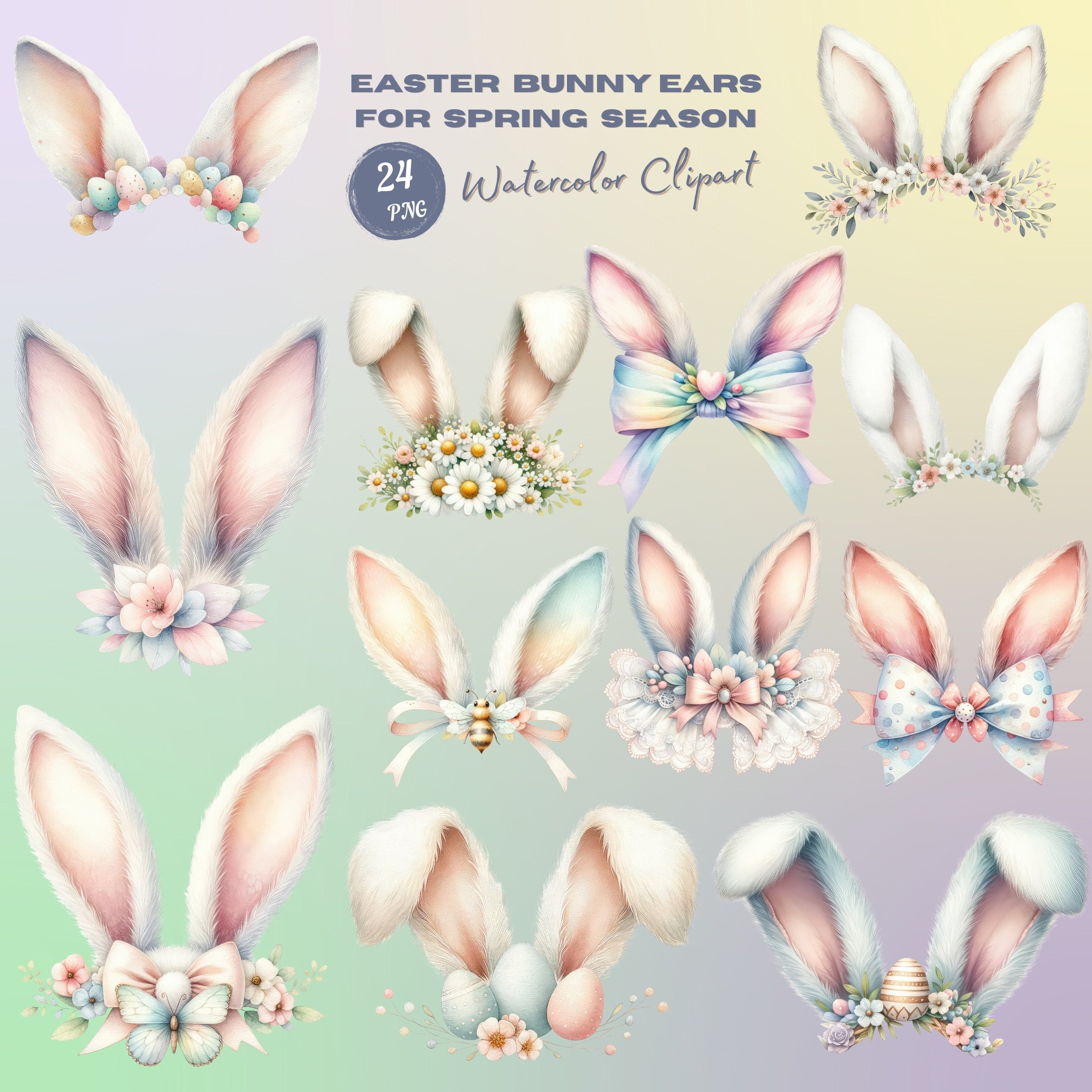 Watercolor Easter Bunny Ears Clipart. Easter Bunny Ears & Spring Floral ...