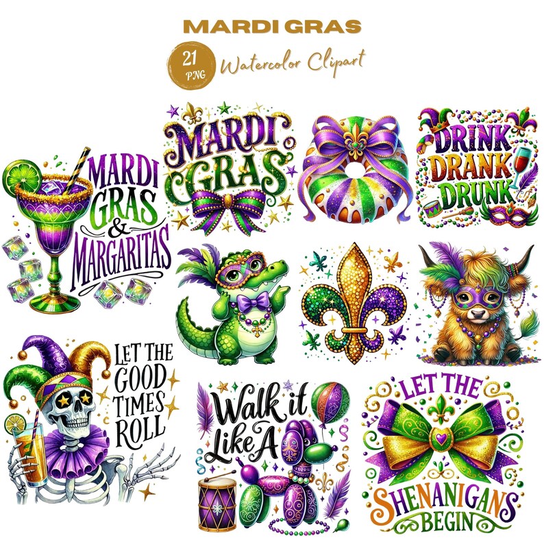 Mardi Gras Watercolor Clipart for Carnival Party Decor and Crafts ...