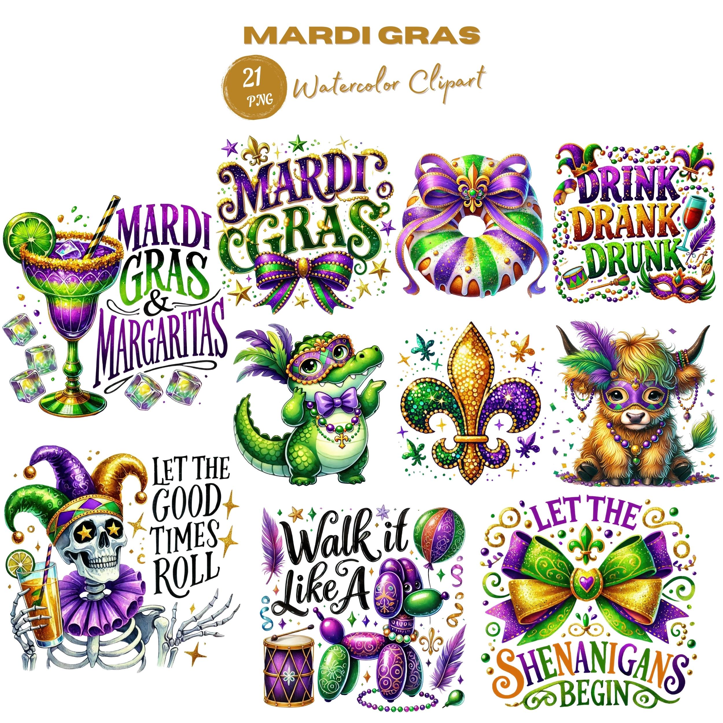 Mardi Gras Watercolor Clipart for Carnival Party Decor and Crafts ...