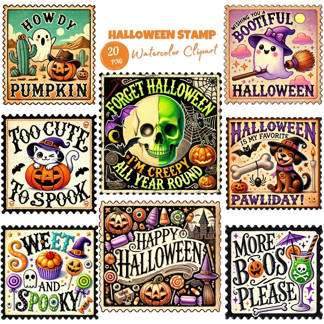 Watercolor Halloween Stamp PNG Clipart Sublimation. Vintage Halloween ...