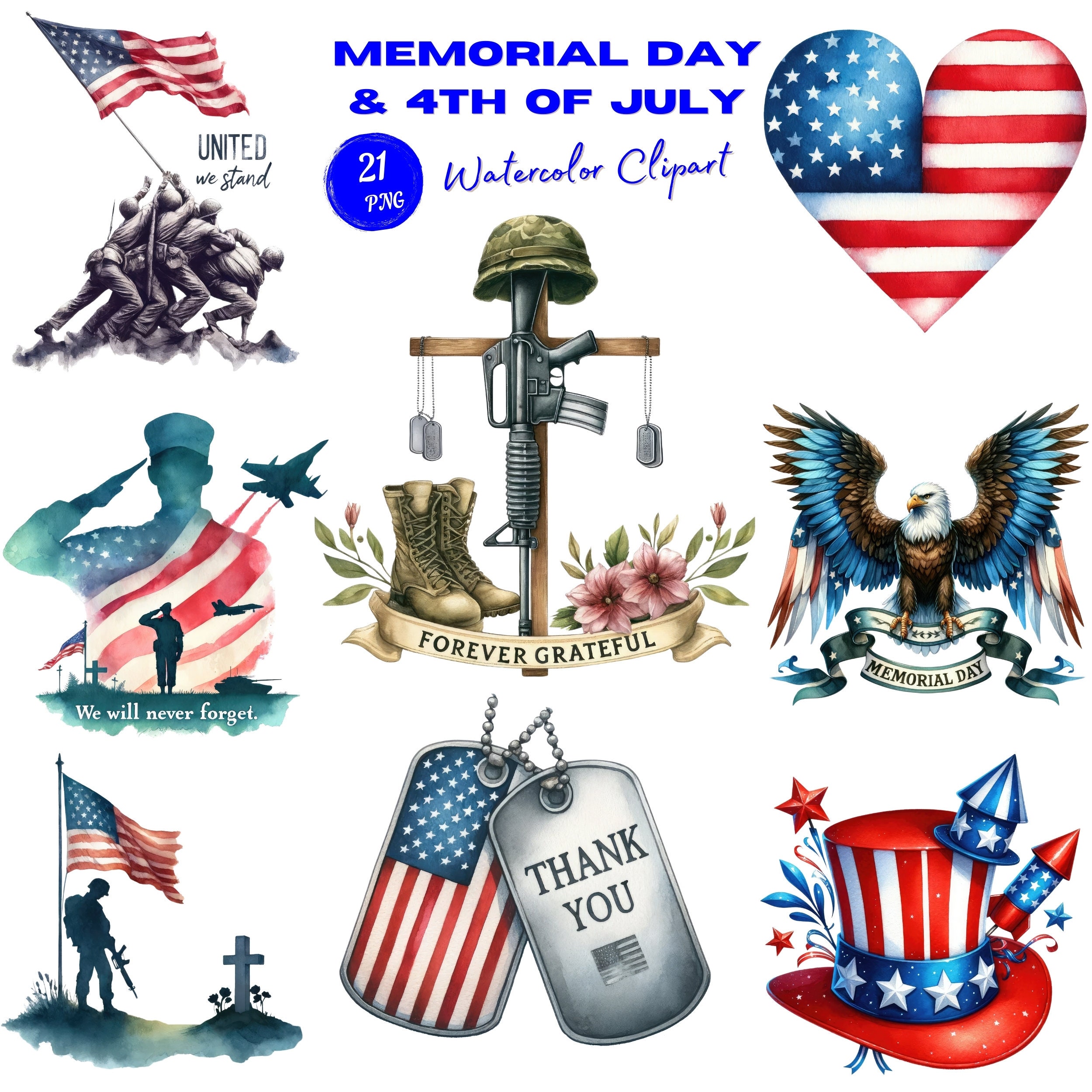 Watercolor Memorial Day. Watercolor 4th of July Clipart. USA ...