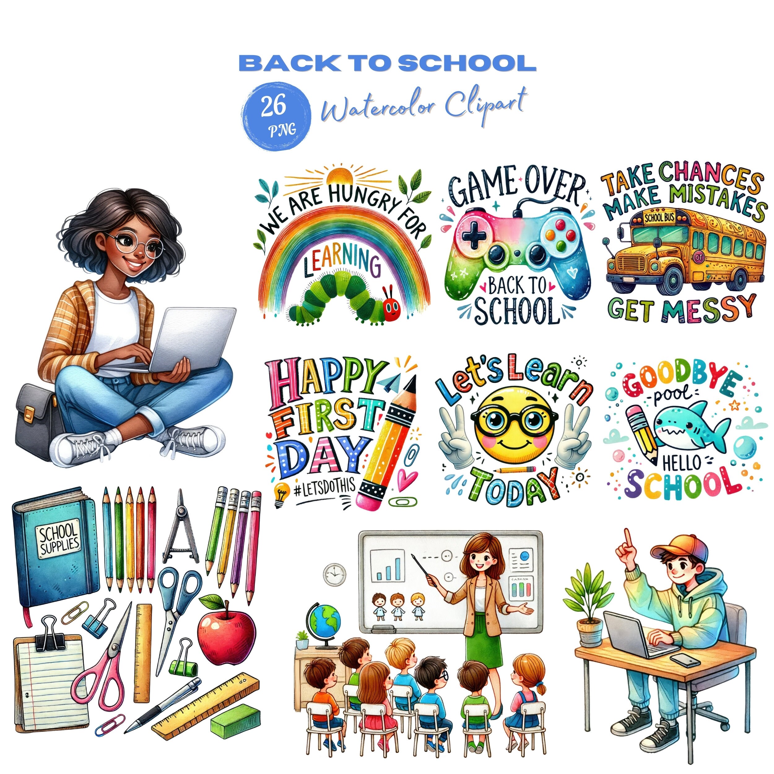 Watercolor Back to School Clipart PNG - Hand-drawn School Supplies for ...