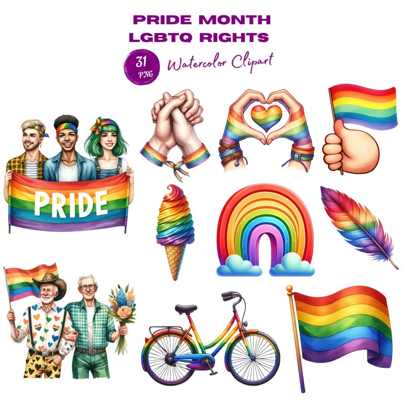 Watercolor Pride Month Clipart - LGBTQ Art for Pride Month. Rainbow ...