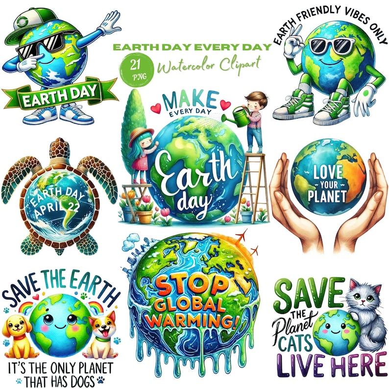 Watercolor Earth Day Clipart. Environmental Awareness Images. Planet ...