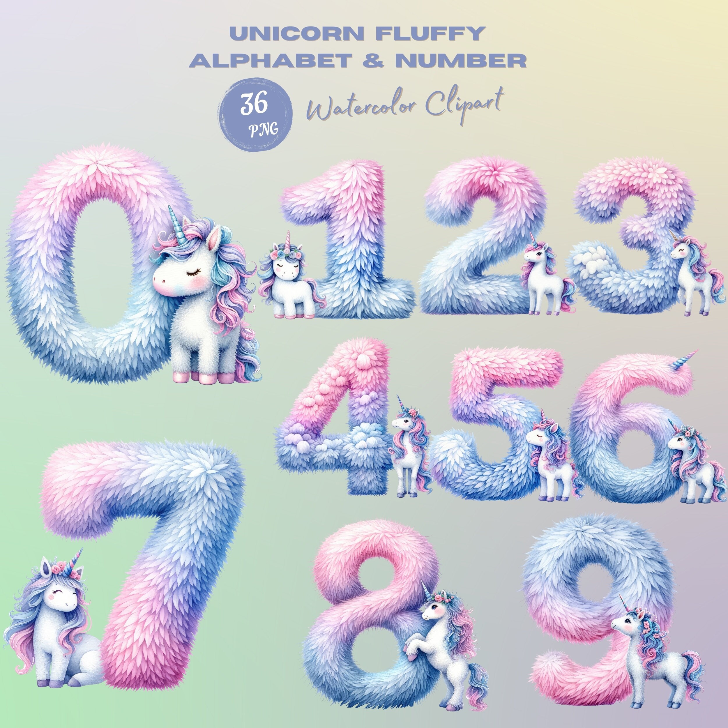 Watercolor Unicorn Alphabet Letters and Numbers With Fluffy Texture ...
