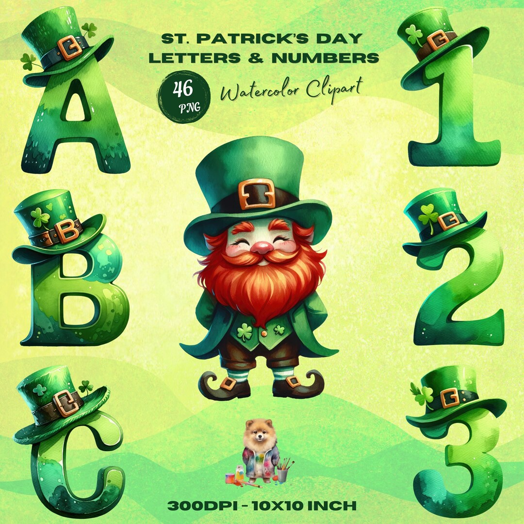 Watercolor St. Patricks Day Alphabet Letters and Number Clipart. St ...