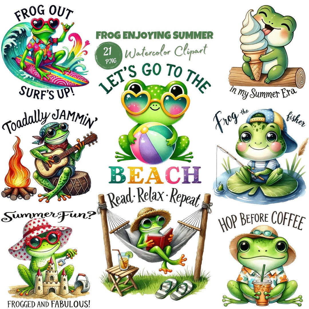 Summer Frog PNG Clipart Watercolor Digital Download and Printable. Cute ...