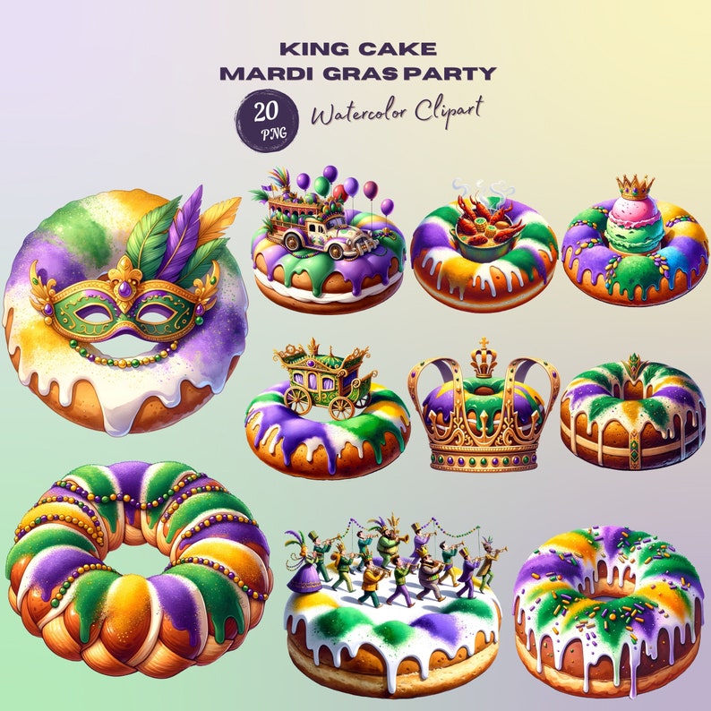 Watercolor King Cake Mardi Gras Clipart. Art of Festive New Orleans ...