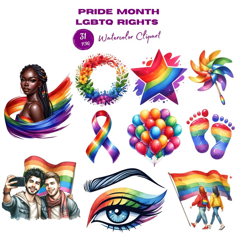 Watercolor Pride Month Clipart LGBTQ Art for Pride Month. Rainbow Flag ...