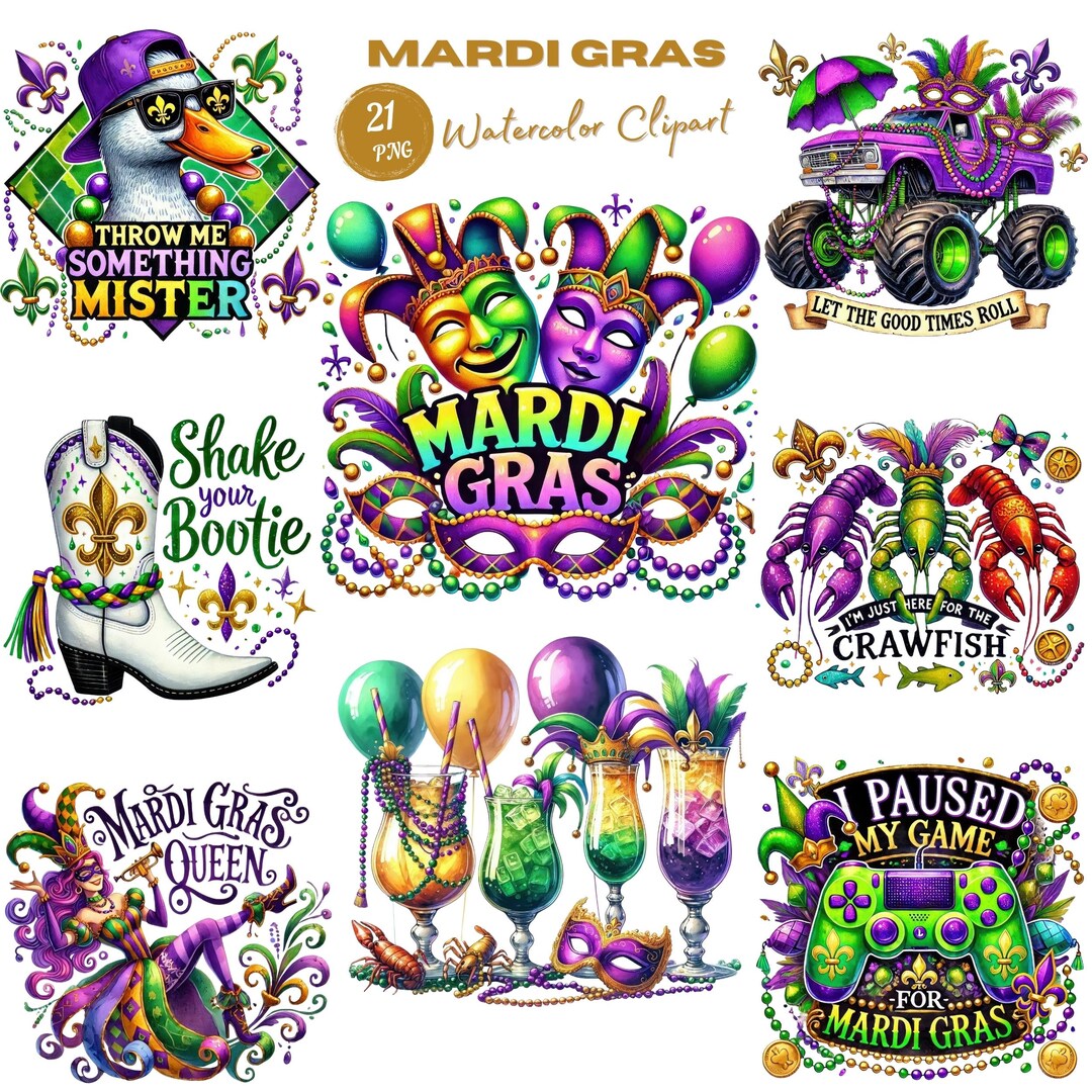 Mardi Gras Watercolor Clipart for Carnival Party Decor and Crafts ...