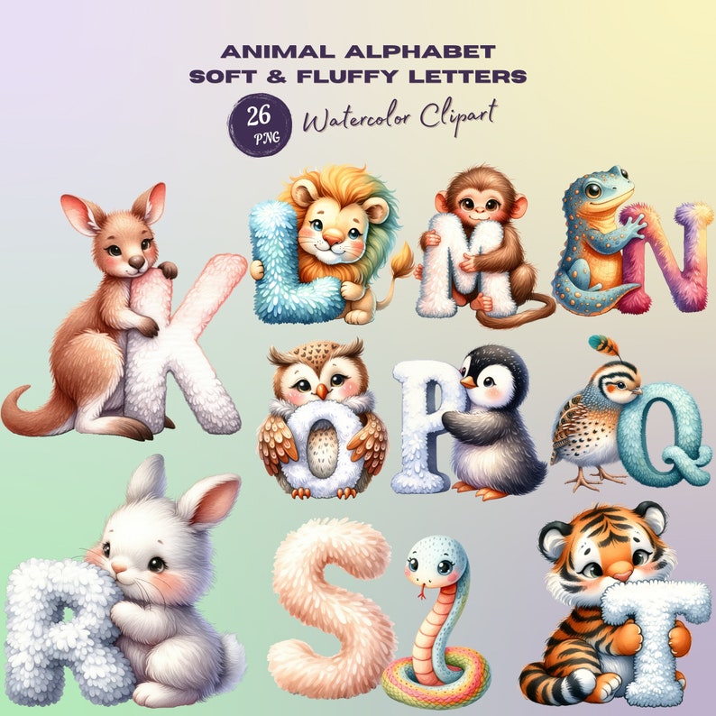 Watercolor Animal Alphabet Clipart Soft and Fluffy Texture for Nursery ...