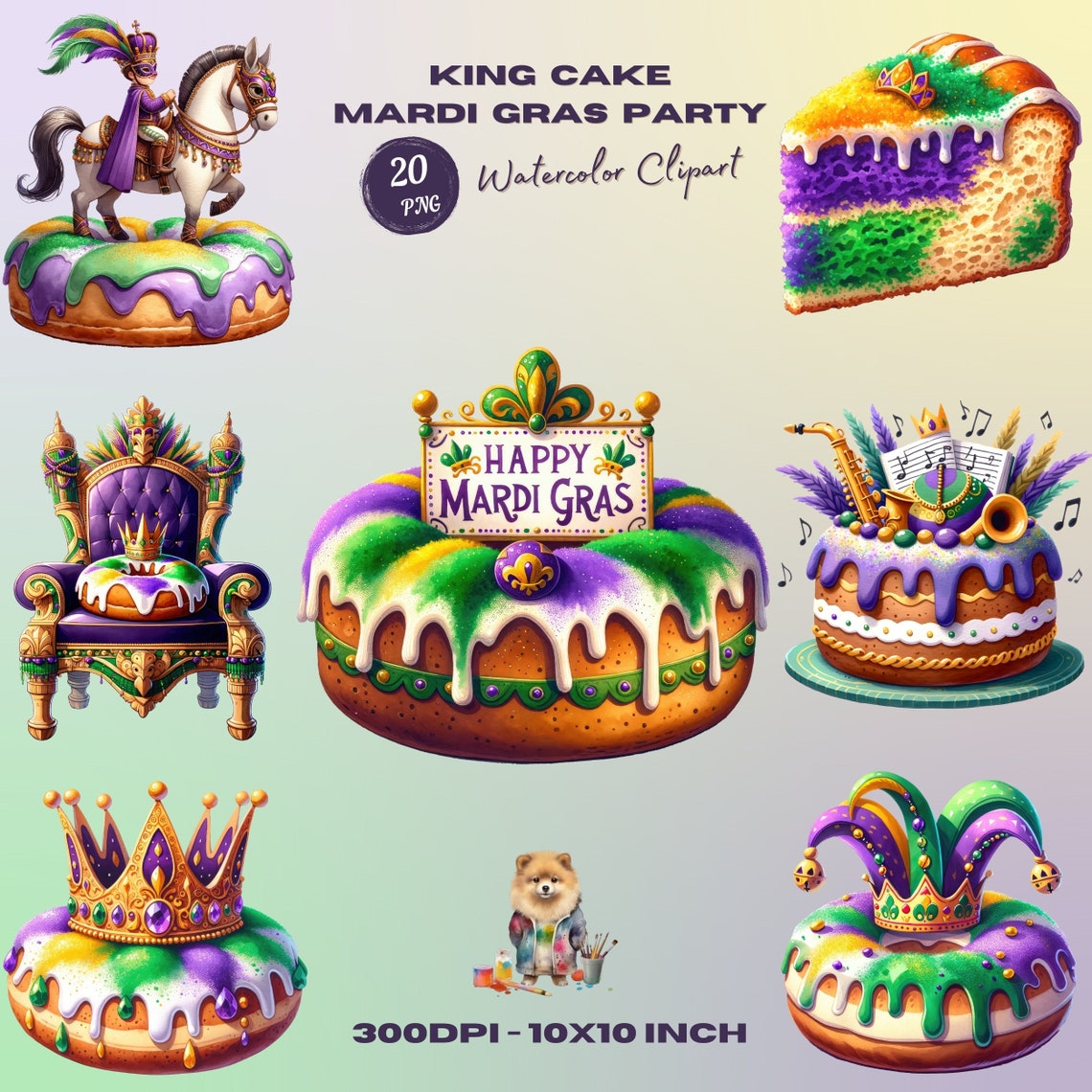Watercolor King Cake Mardi Gras Clipart. Art of Festive New Orleans ...