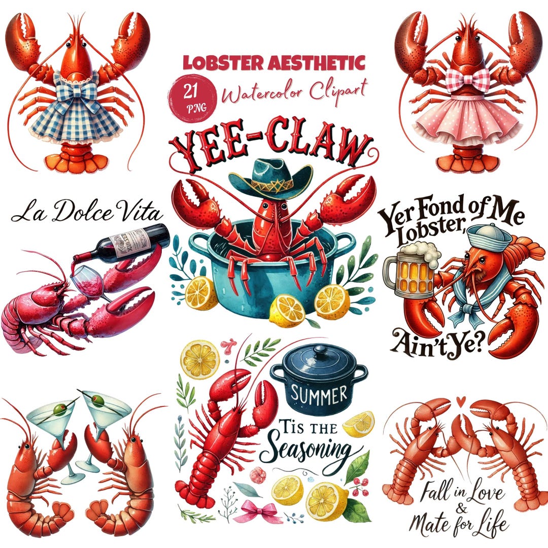 Watercolor Lobster Aesthetic PNG Clipart Sublimation. Coquette Coastal ...